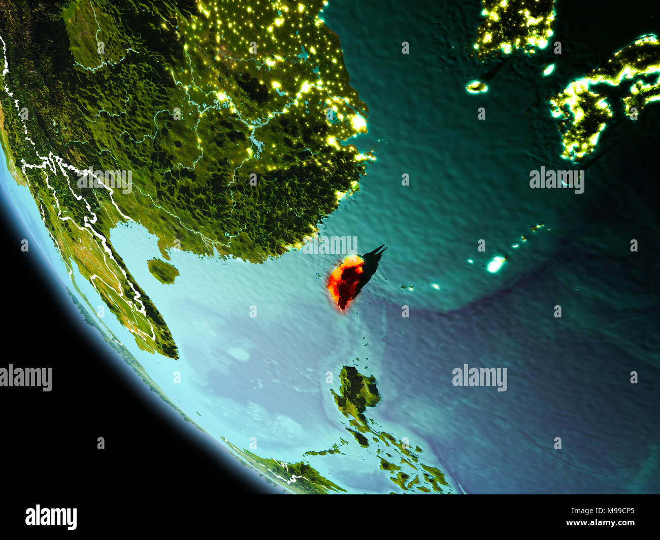 Taiwan from orbit of planet Earth at night with highly detailed surface ...