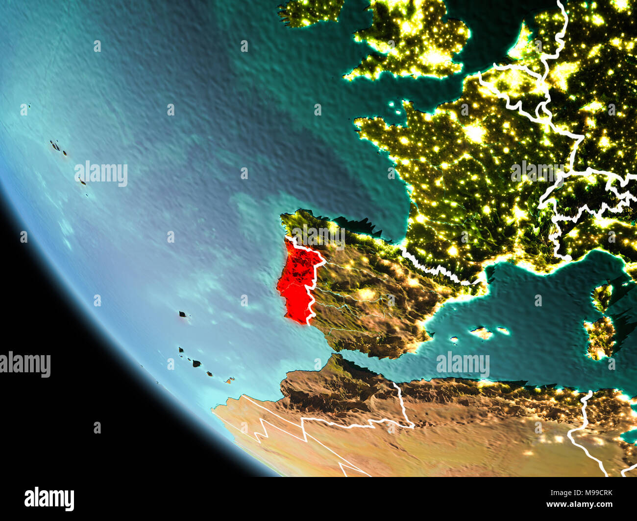 Portugal from orbit of planet Earth at night with highly detailed ...