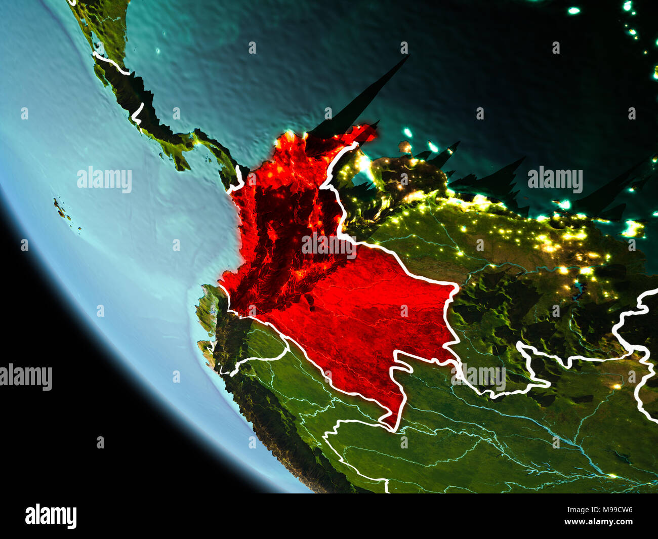Colombia from orbit of planet Earth at night with highly detailed ...