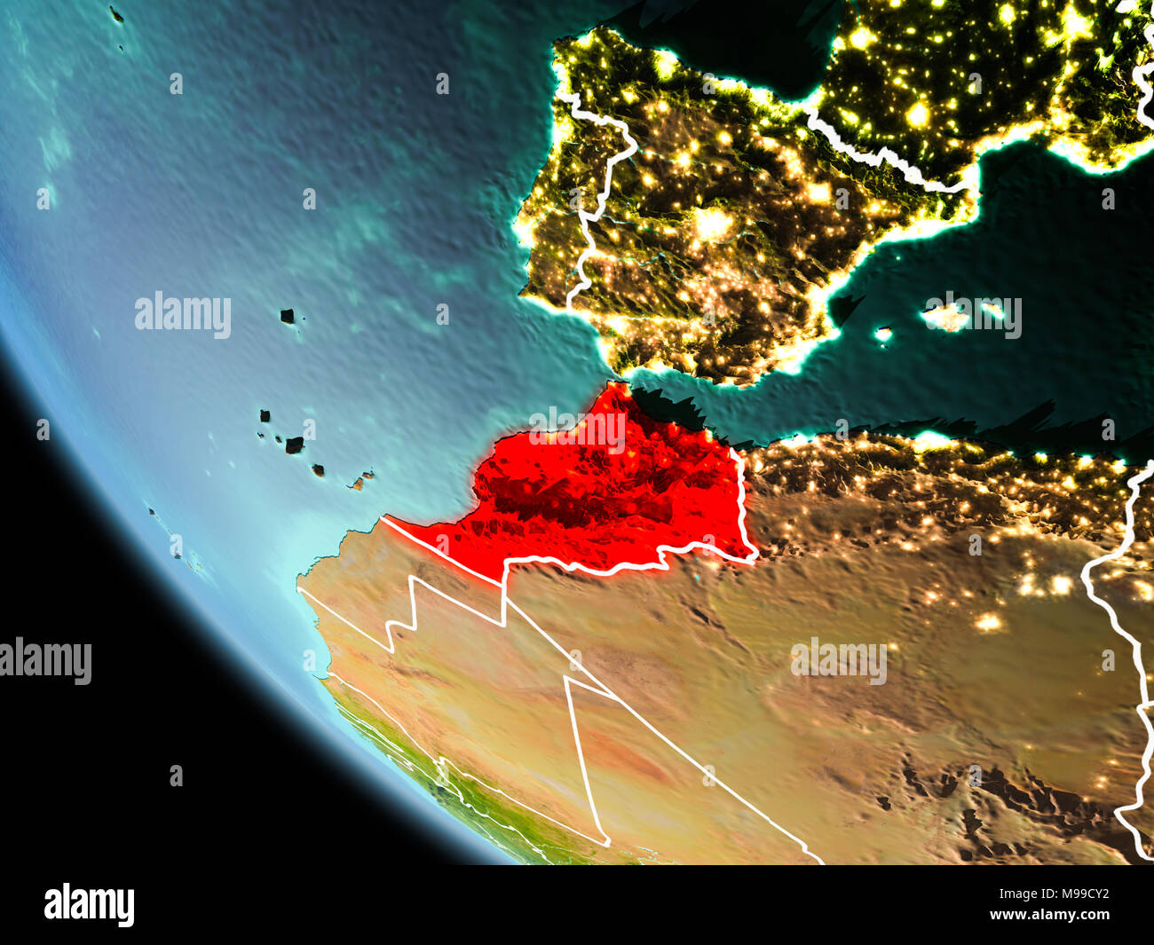 Morocco from orbit of planet Earth at night with highly detailed ...