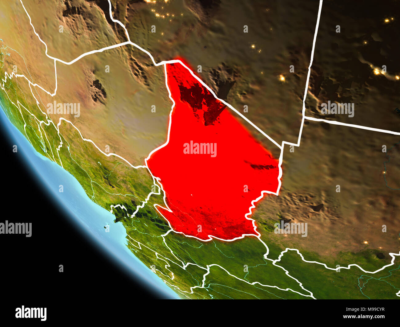 Chad from orbit of planet Earth at night with highly detailed surface ...