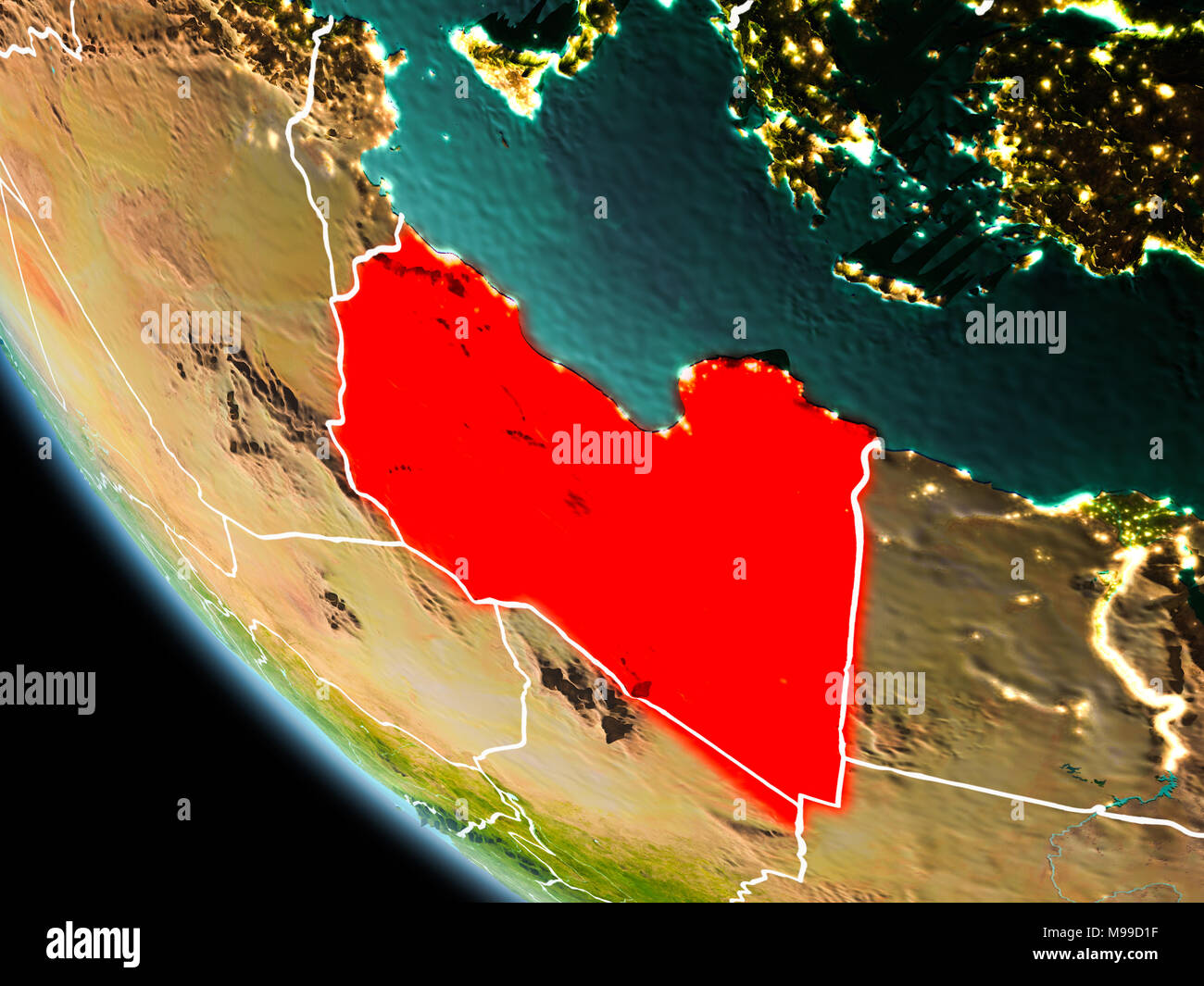 Libya from orbit of planet Earth at night with highly detailed surface ...