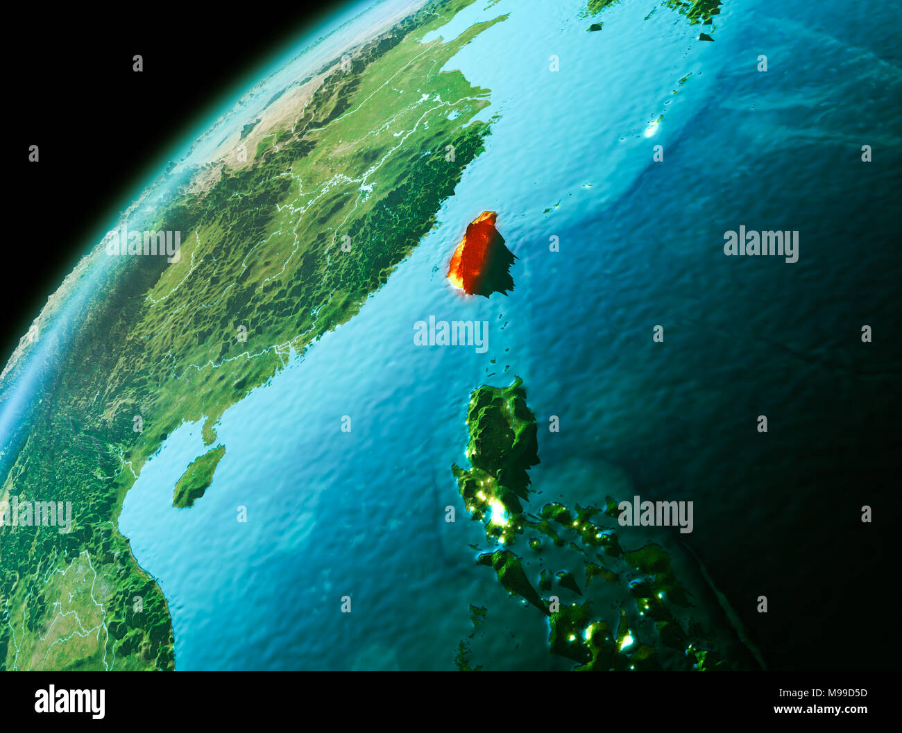 Evening over Taiwan as seen from space on planet Earth. 3D illustration ...