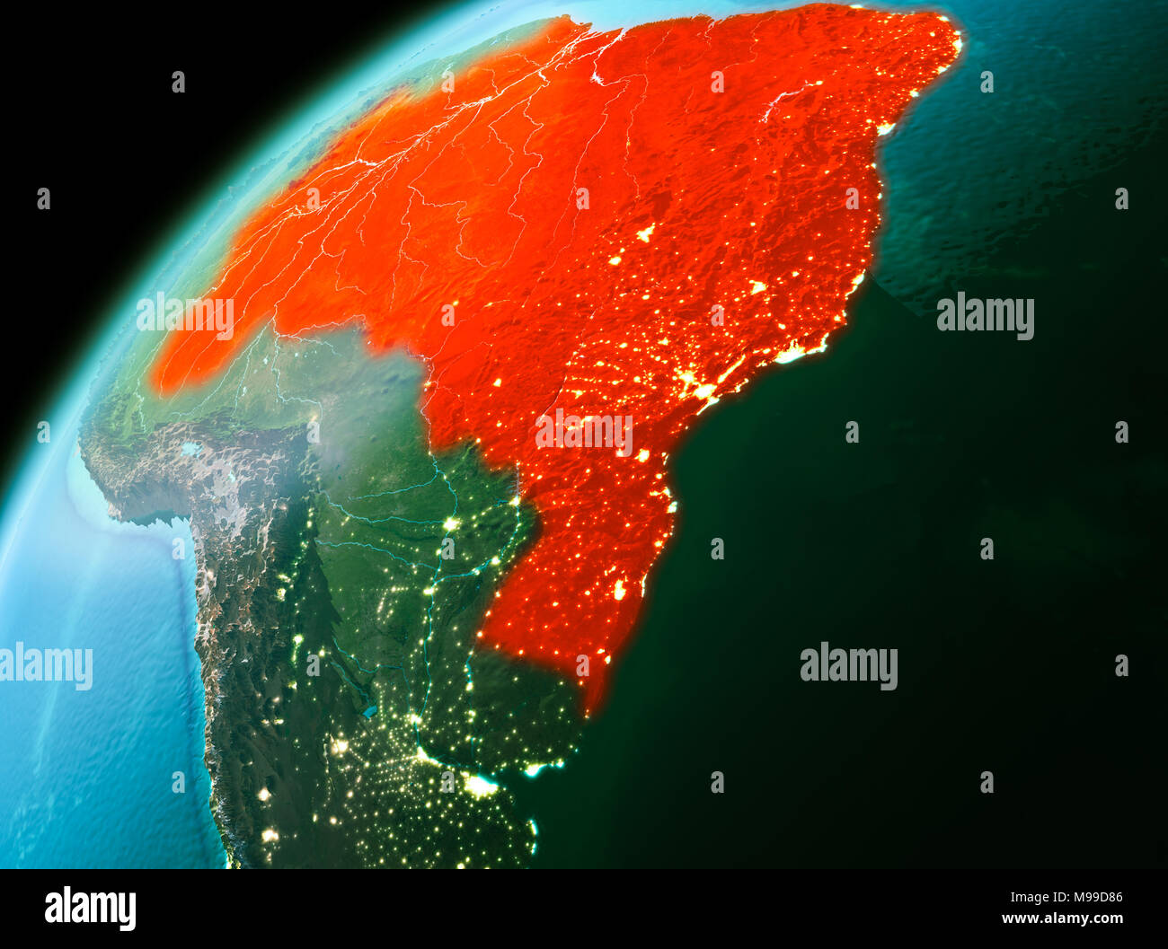 Evening over Brazil as seen from space on planet Earth. 3D illustration ...