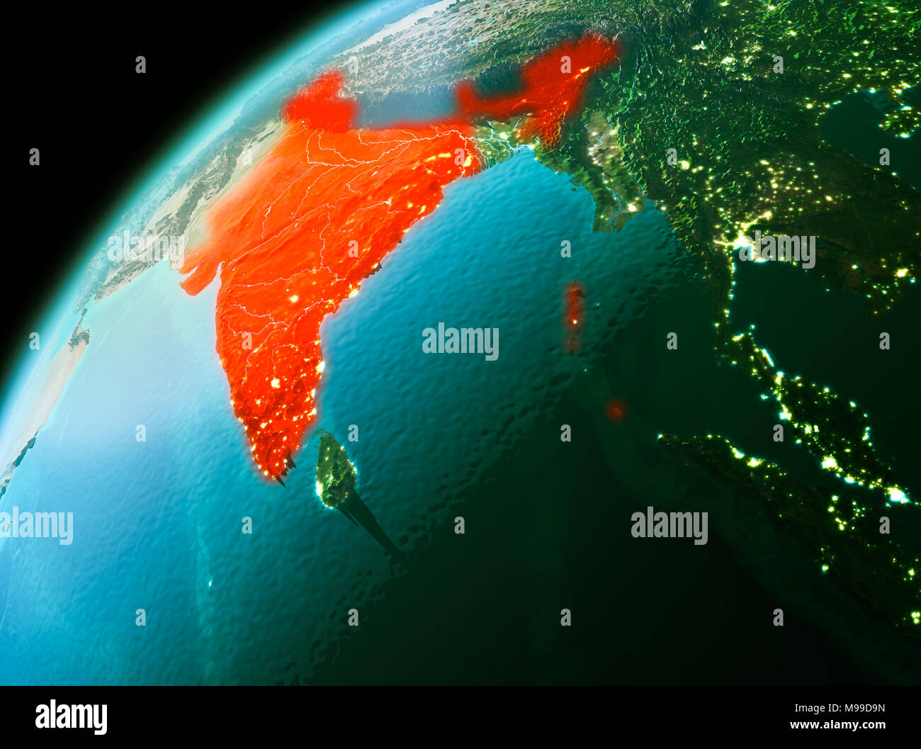 Evening over India as seen from space on planet Earth. 3D illustration ...
