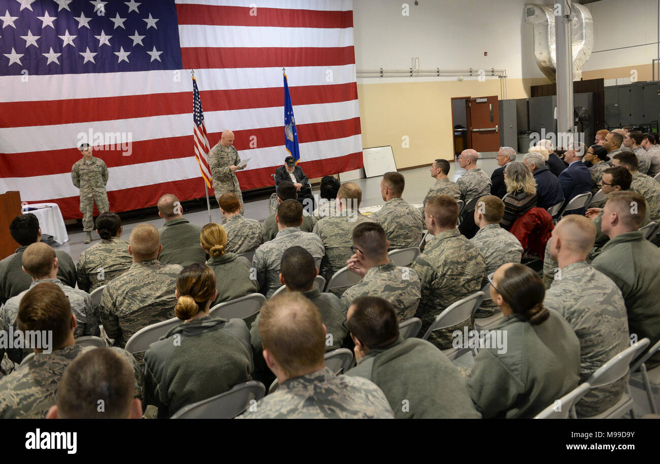 Col. Mike Manion, 55th Wing commander, thanks Gail Farrell, a 93-year ...
