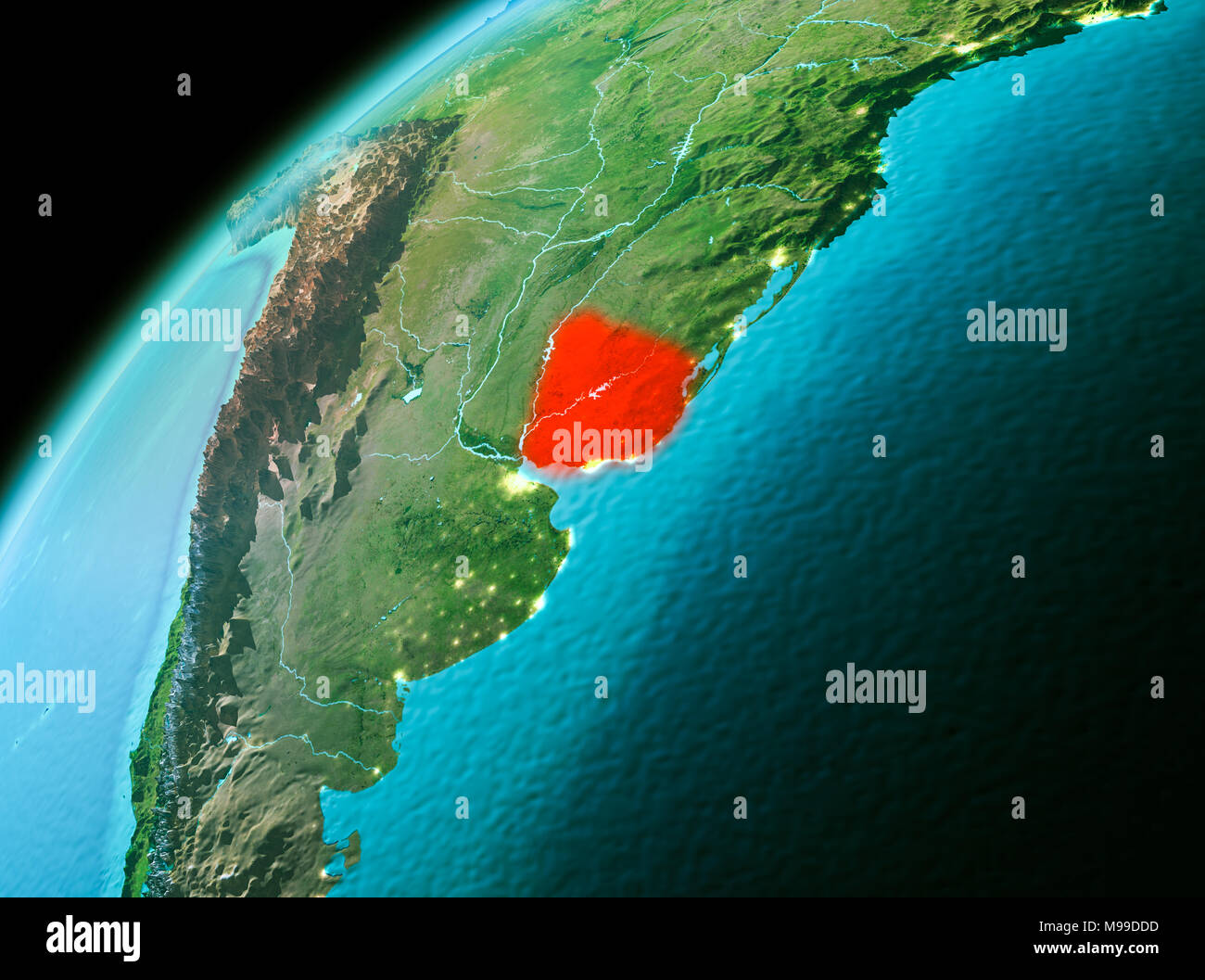 Evening over Uruguay as seen from space on planet Earth. 3D ...
