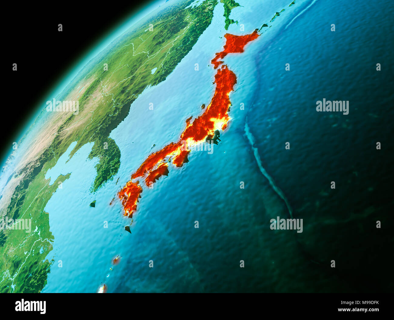 Evening over Japan as seen from space on planet Earth. 3D illustration ...