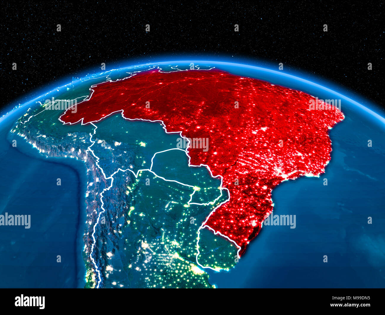 Orbit view of Brazil highlighted in red with visible borderlines and city lights on planet Earth ...