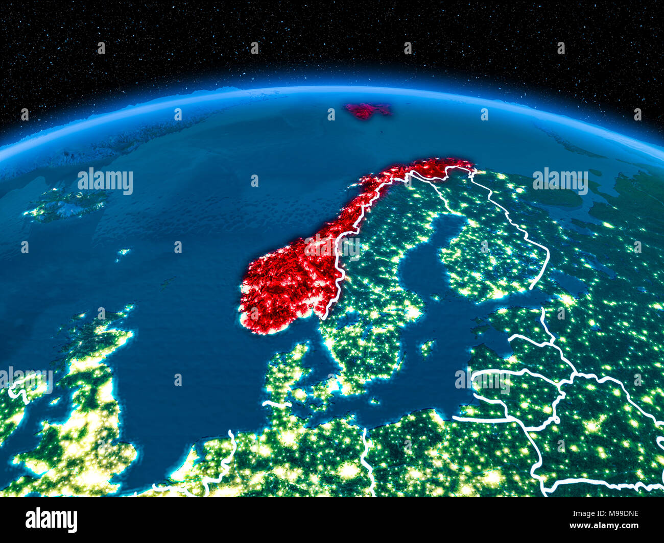 Orbit view of Norway highlighted in red with visible borderlines and city lights on planet Earth ...