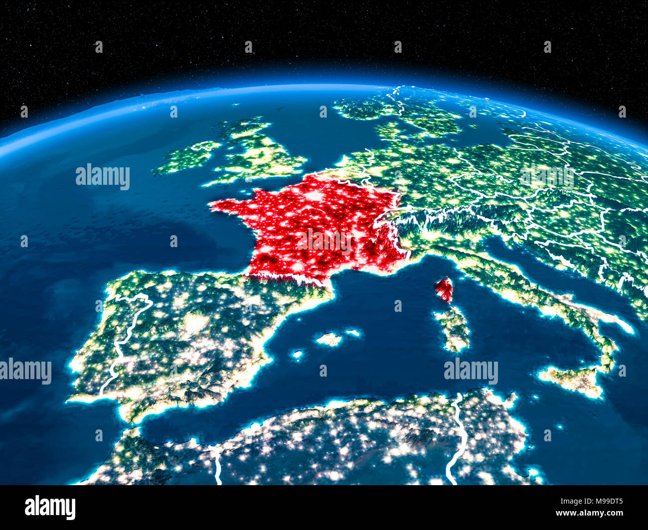 Orbit view of France highlighted in red with visible borderlines and ...