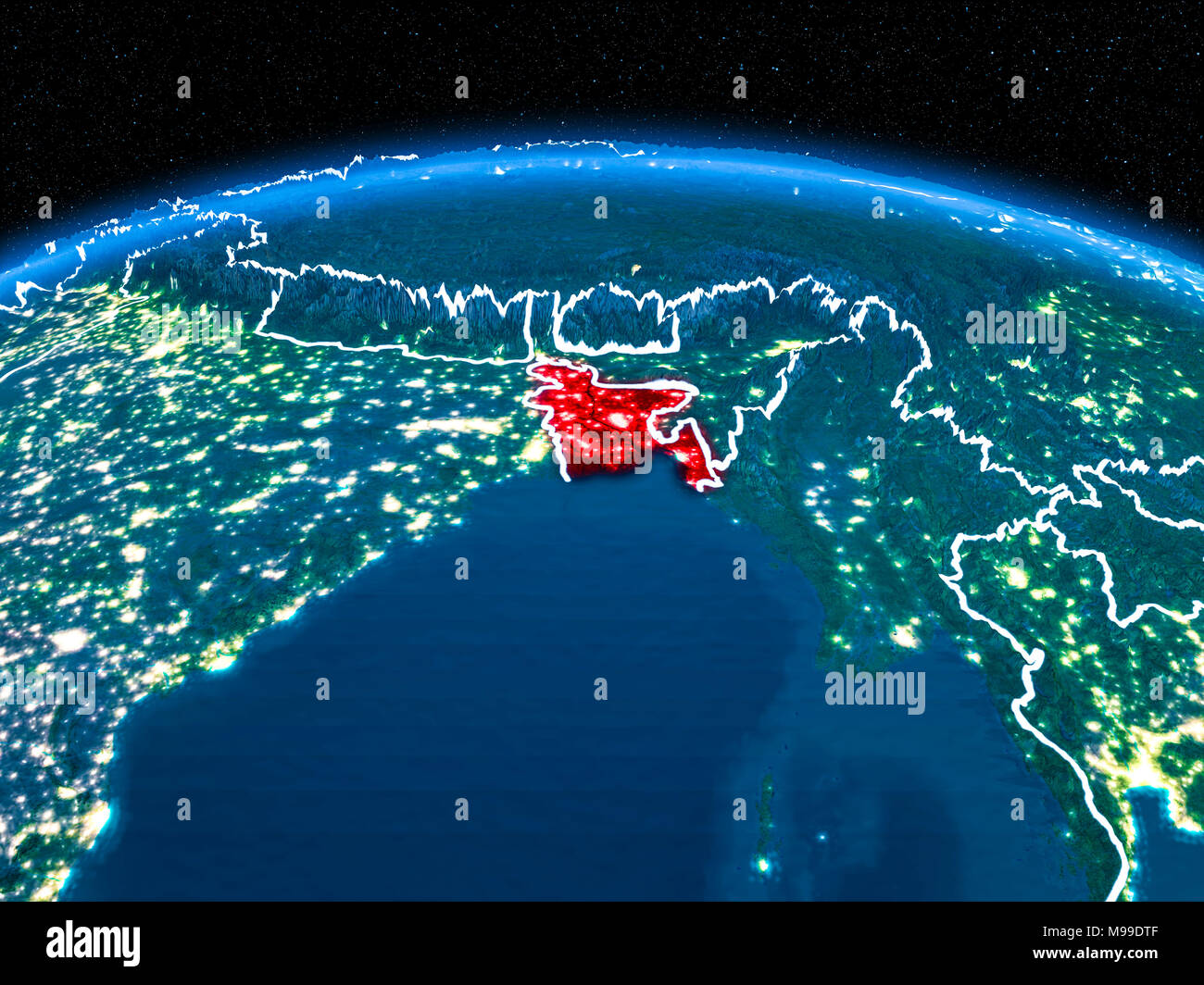Orbit view of Bangladesh highlighted in red with visible borderlines and city lights on planet ...