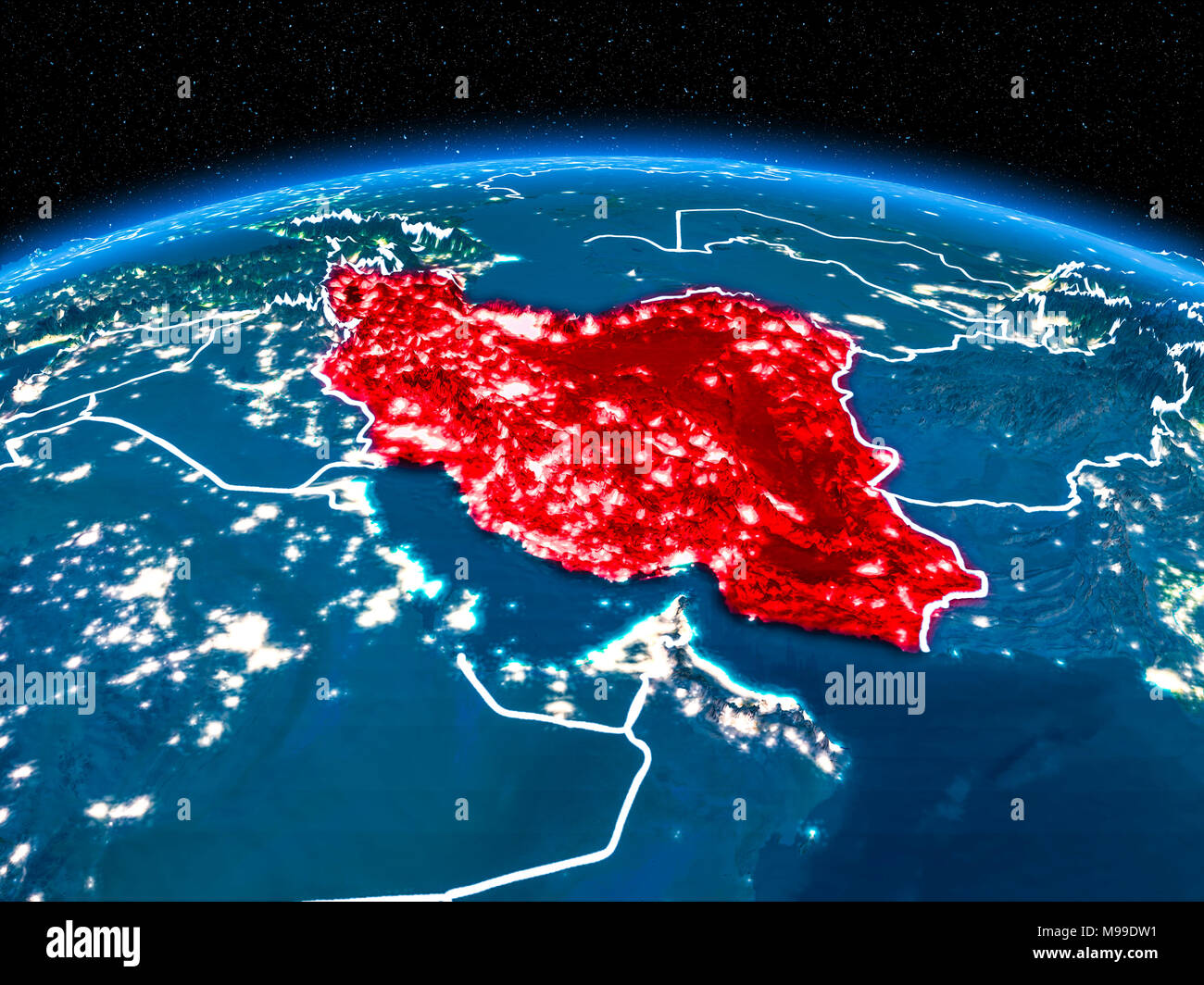 Orbit view of Iran highlighted in red with visible borderlines and city lights on planet Earth ...
