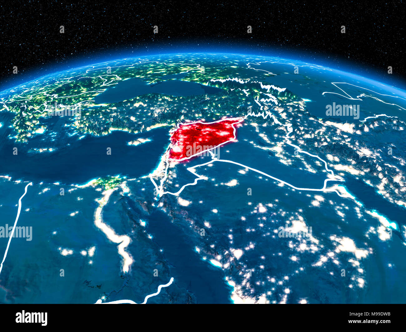 Orbit view of Syria highlighted in red with visible borderlines and city lights on planet Earth ...