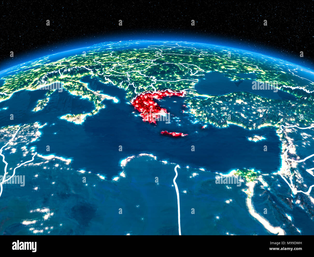Orbit view of Greece highlighted in red with visible borderlines and city lights on planet Earth ...