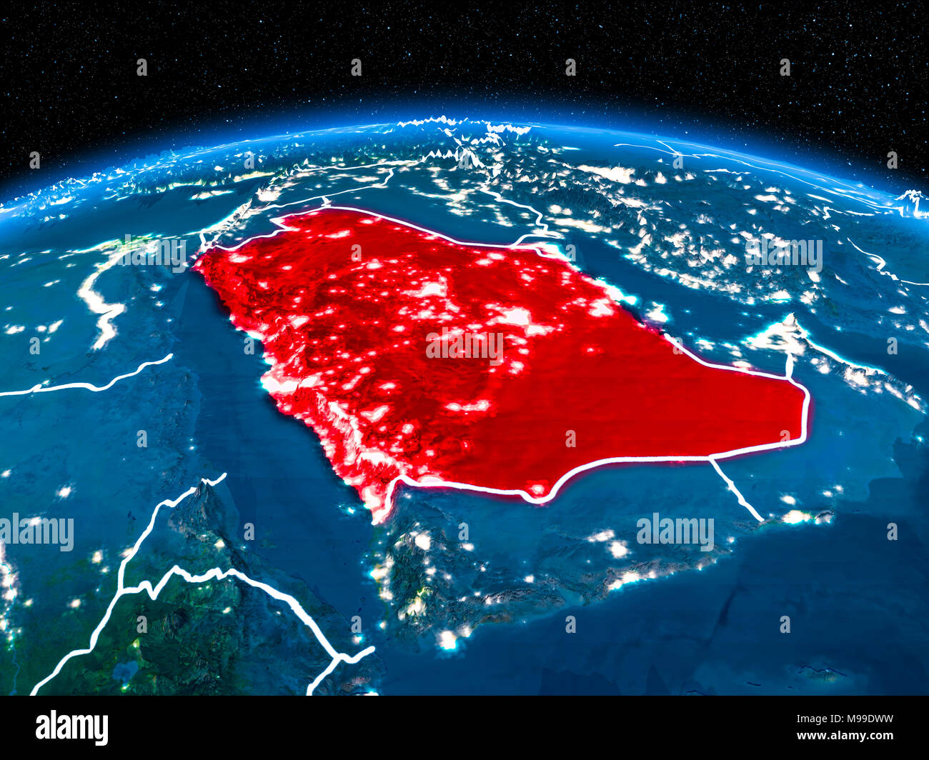 Orbit view of Saudi Arabia highlighted in red with visible borderlines and city lights on planet ...