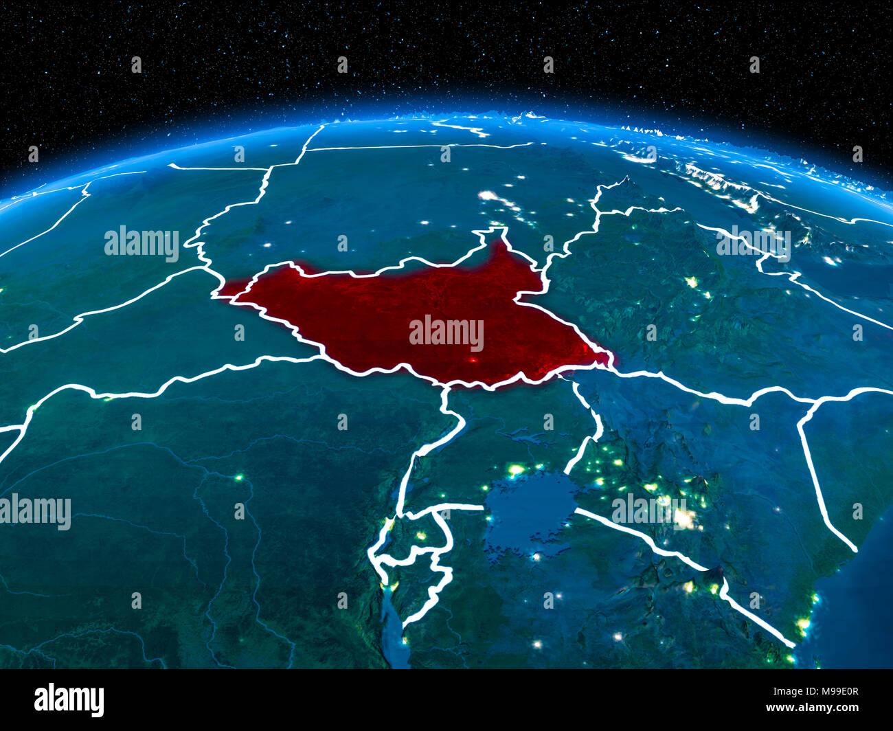 Orbit view of South Sudan highlighted in red with visible borderlines and city lights on planet ...