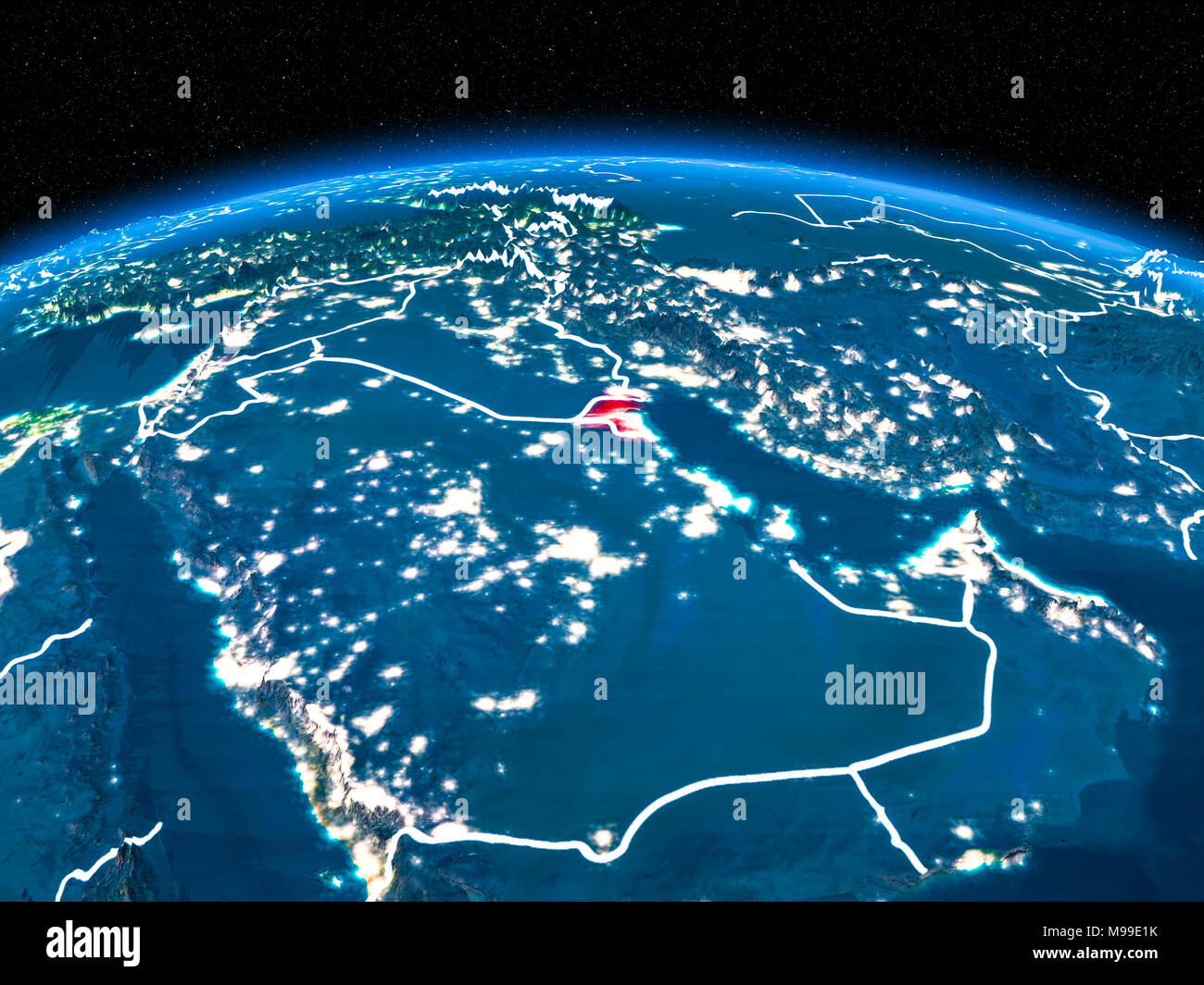 Orbit view of Kuwait highlighted in red with visible borderlines and ...