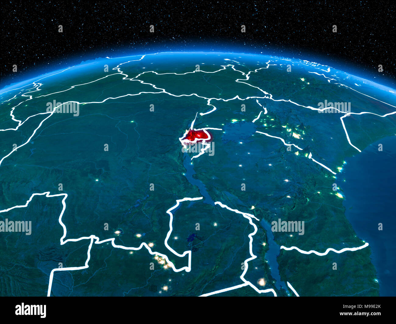 Orbit view of Rwanda highlighted in red with visible borderlines and city lights on planet Earth ...