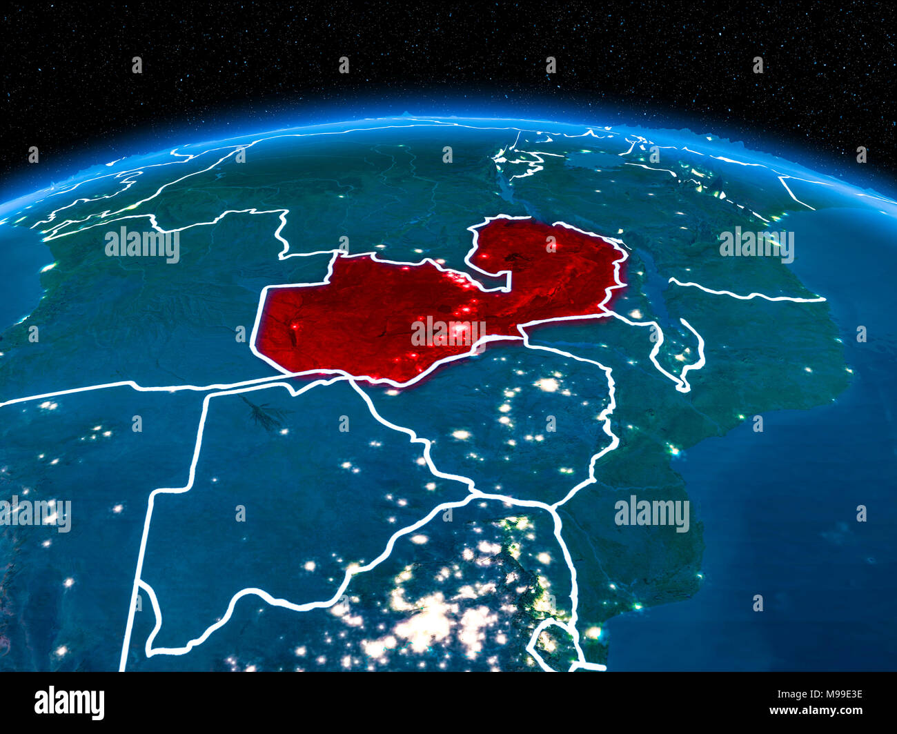 Orbit view of Zambia highlighted in red with visible borderlines and city lights on planet Earth ...
