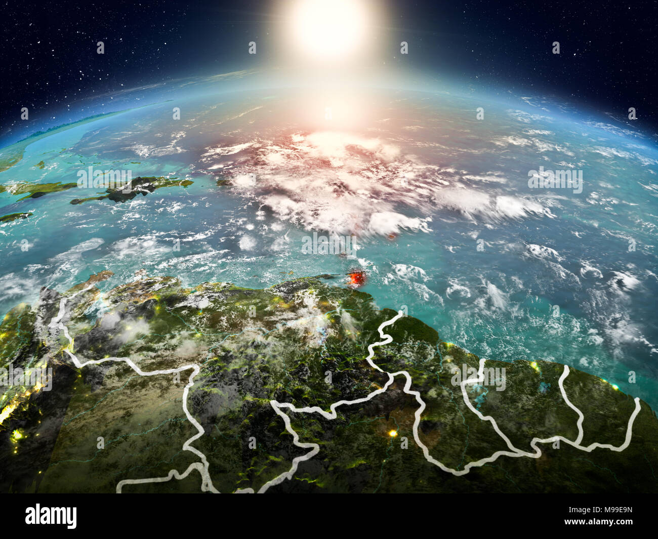 Sunrise above Caribbean highlighted in red on model of planet Earth in space with visible ...