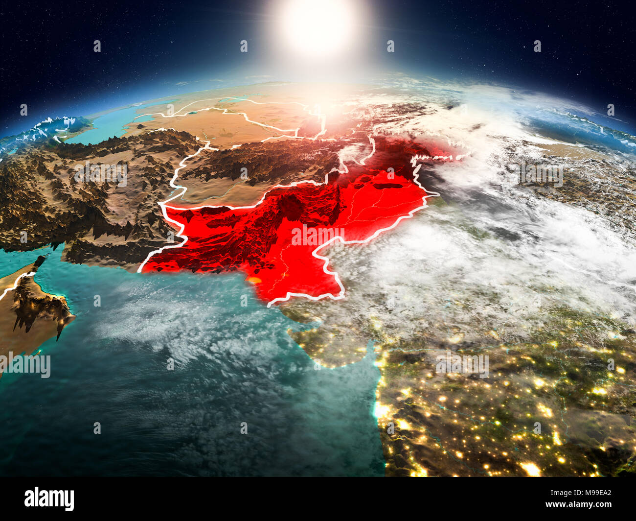 Sunrise above Pakistan highlighted in red on model of planet Earth in ...