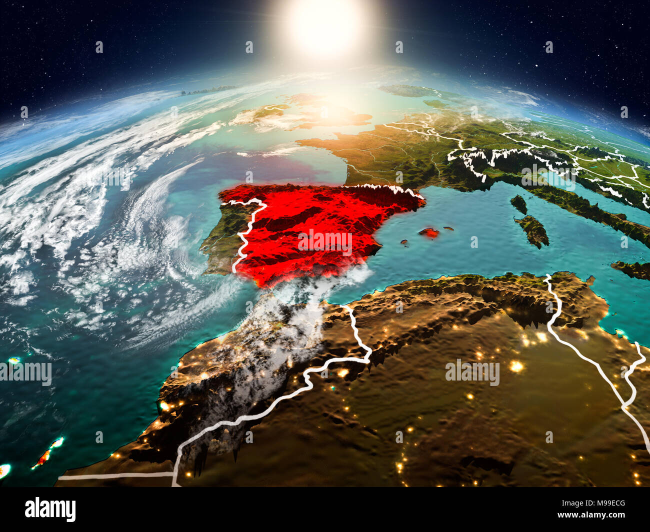 Sunrise above Spain highlighted in red on model of planet Earth in ...