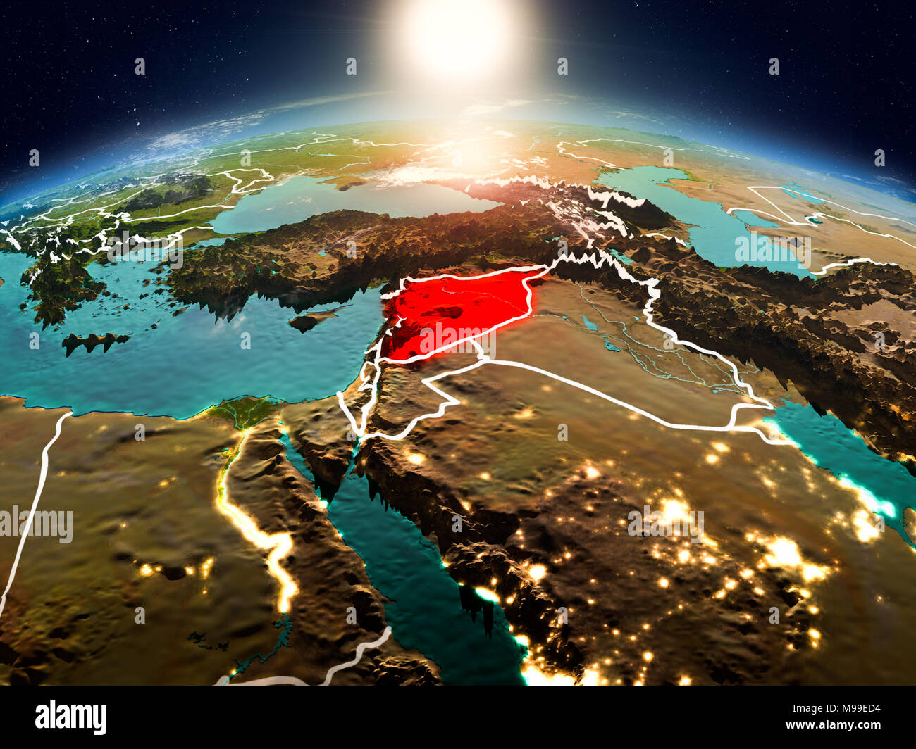 Sunrise above Syria highlighted in red on model of planet Earth in ...