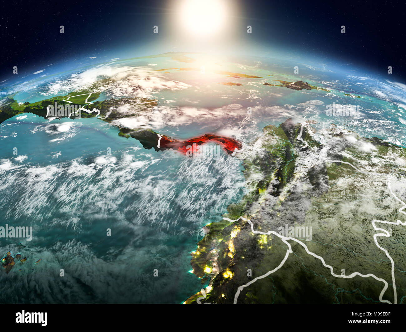 Sunrise above Panama highlighted in red on model of planet Earth in space with visible country ...
