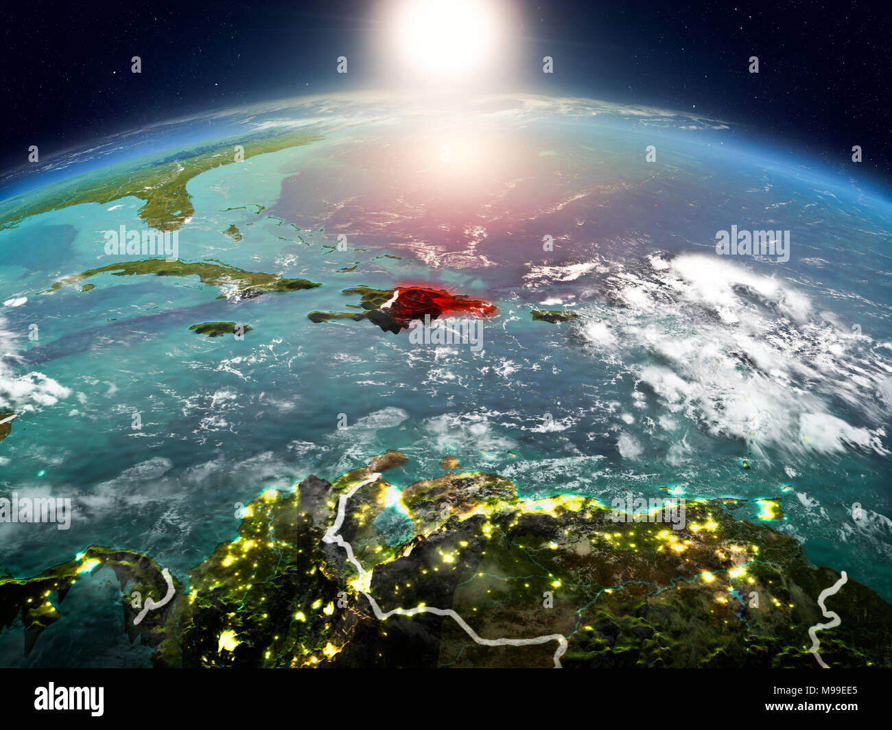 Sunrise above Dominican Republic highlighted in red on model of planet Earth in space with ...