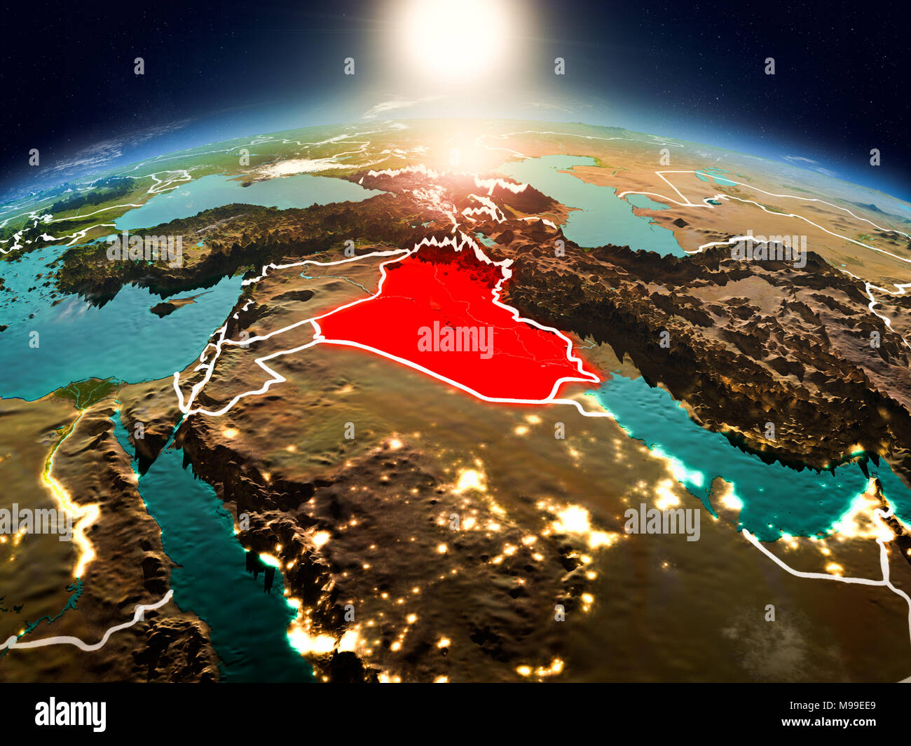 Sunrise above Iraq highlighted in red on model of planet Earth in space ...