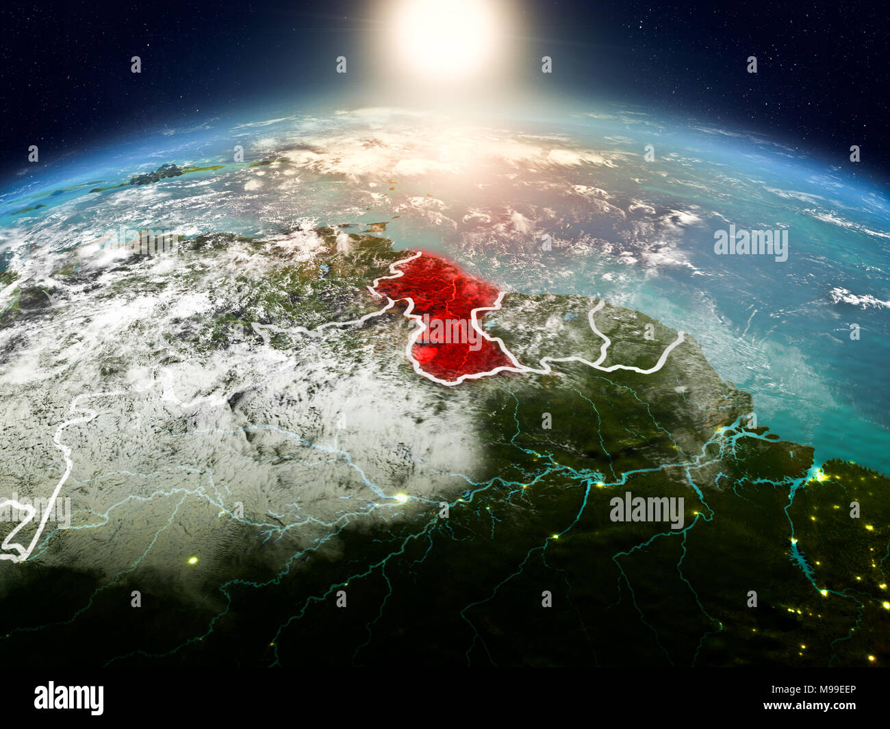 Sunrise above Guyana highlighted in red on model of planet Earth in space with visible country ...