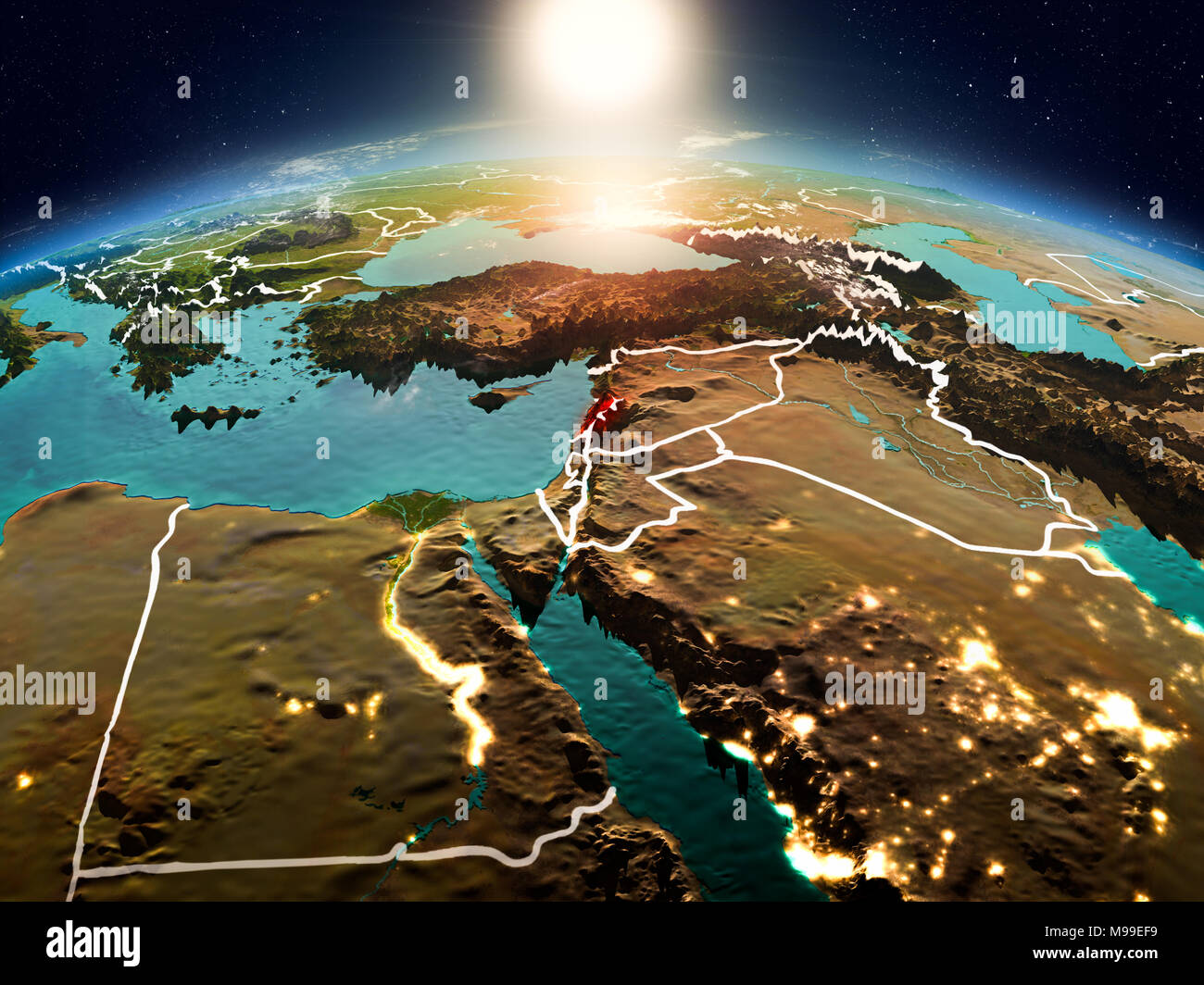 Sunrise above Lebanon highlighted in red on model of planet Earth in ...