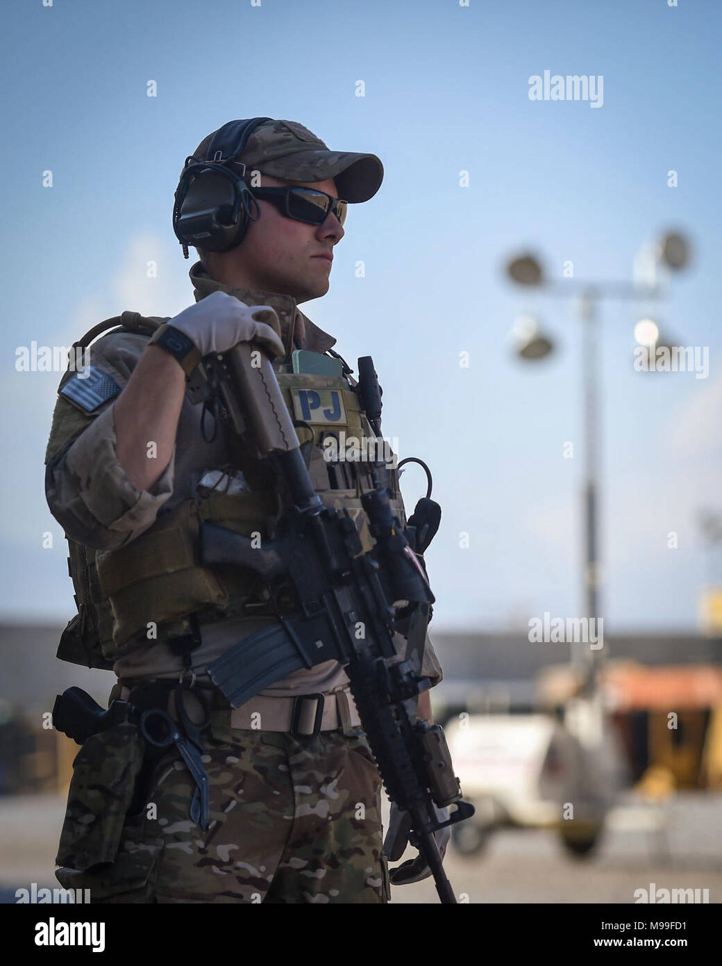A U.S. Air Force Pararescueman assigned to the 83rd Expeditionary ...