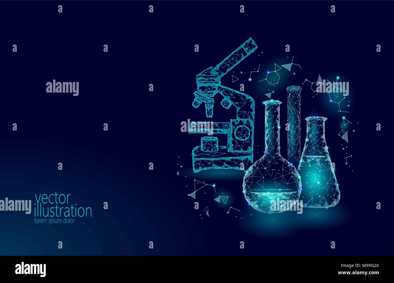 Low poly science chemical glass flasks. Magical equipment microscope ...