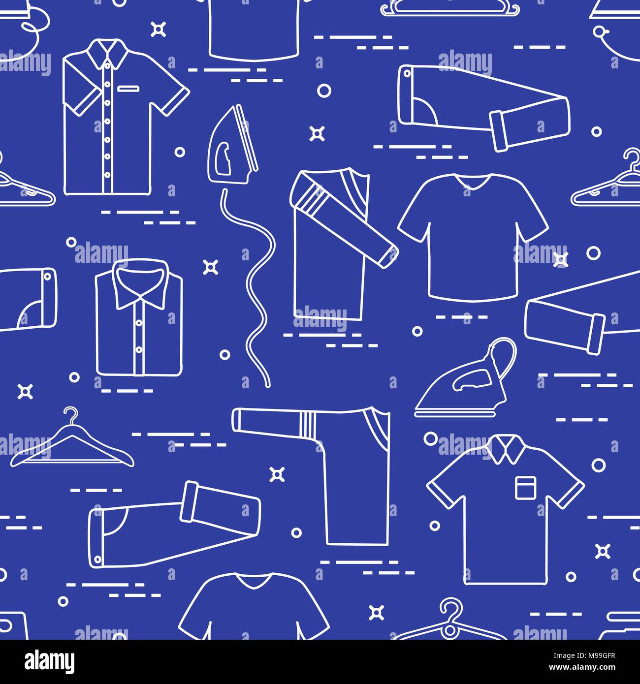 Seamless pattern with irons, clothes hangers and different clothes ...
