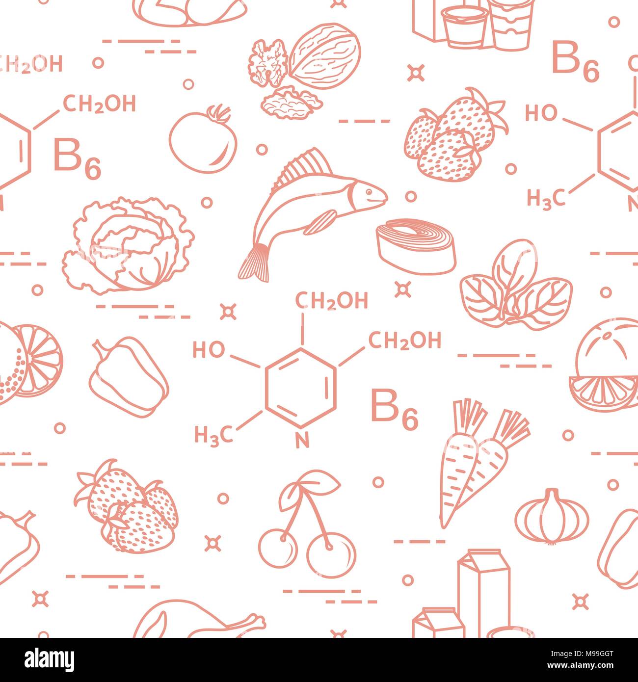 Seamless pattern with foods rich in vitamin B6. Strawberry, orange ...