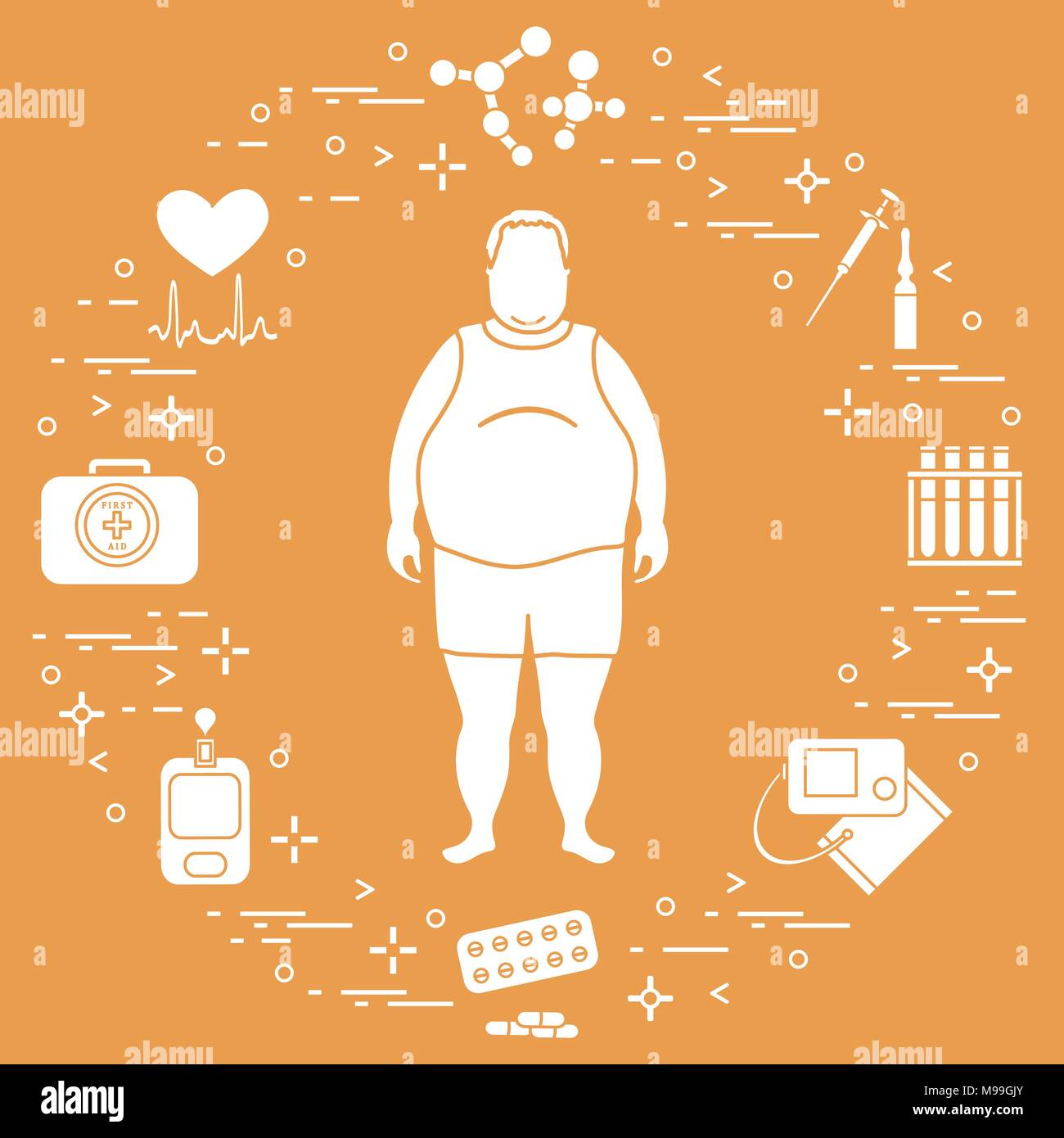 Fat man with medical devices, tools and drugs around him. Health and ...