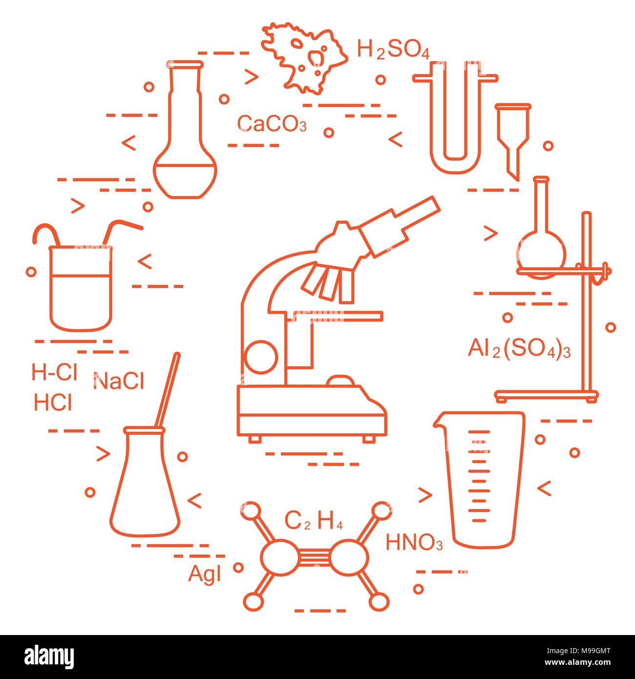 Chemistry scientific, education elements: microscope, flasks, tripod ...
