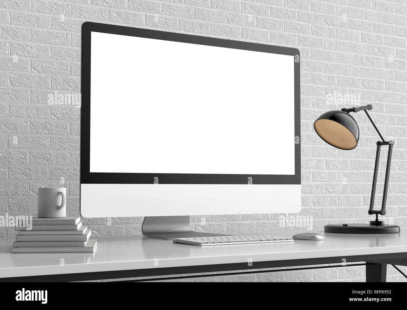 Modern workspace, isolated computer screen mock up. 3D illustrating ...