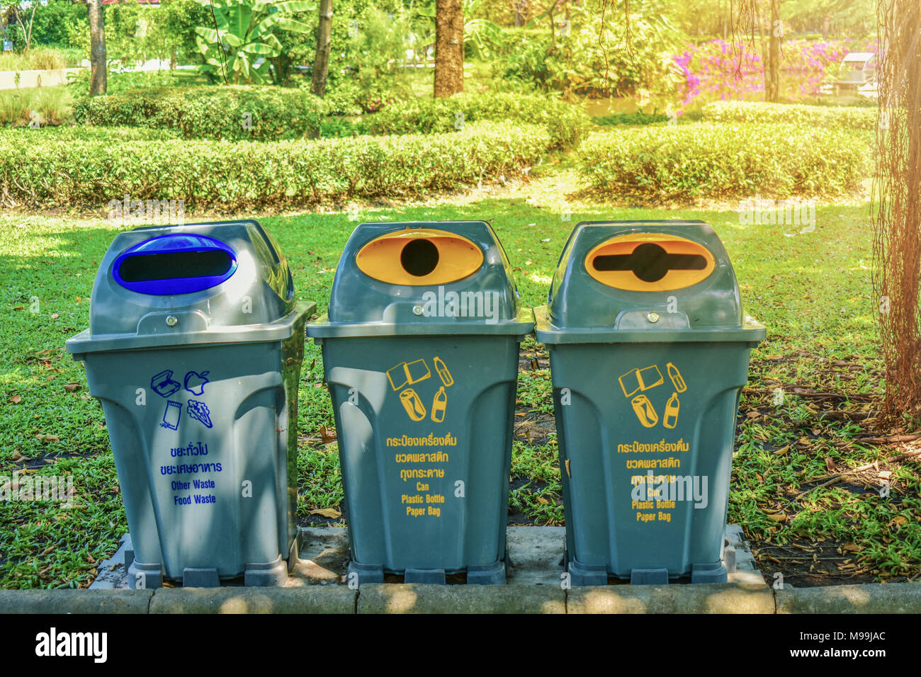 Plastic trash under the tree in the garden Stock Photo - Alamy