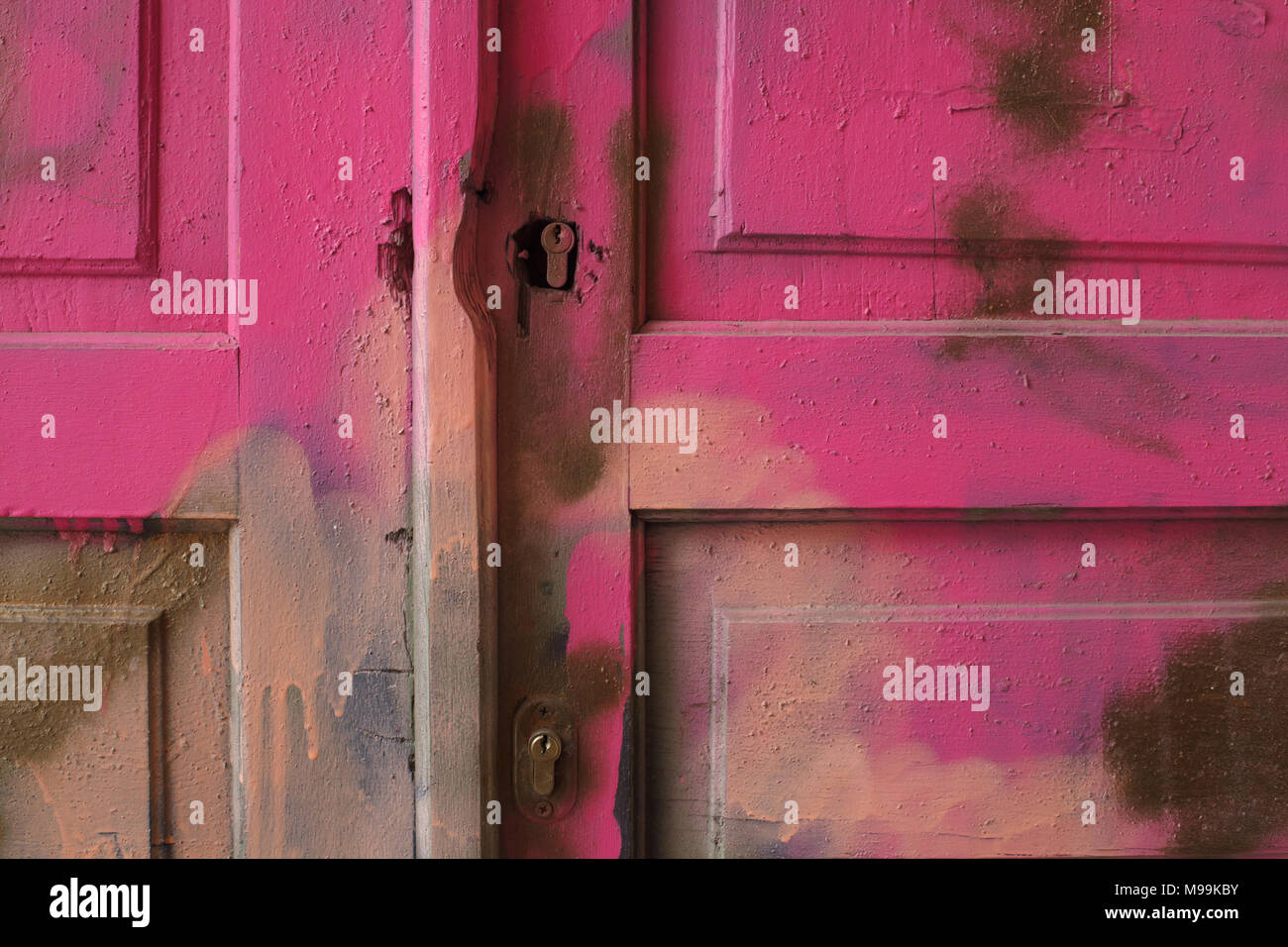 Locked wooden old door, pink, ruined, peeling color Ethnic style Stock ...