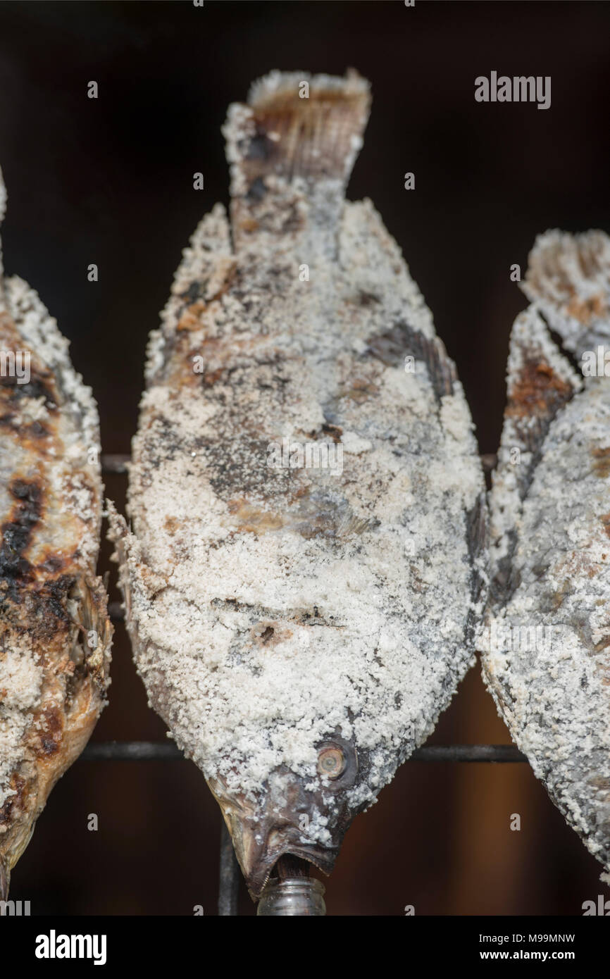 a thai salt fish on a grill in a restaurant in the province of Buri Ram ...