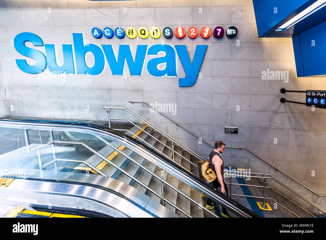 New York City, USA - October 28, 2017: Underground transit by sign in ...