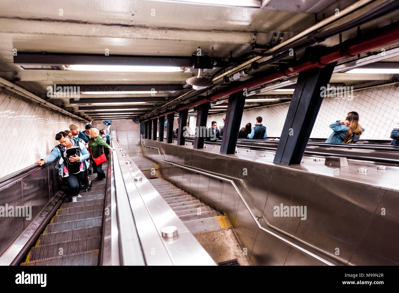Brooklyn, USA - October 28, 2017: Underground transit escalator, stairs ...