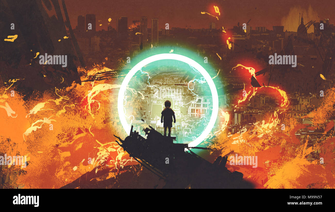 boy standing in front of a glowing blue ring and looking at the burning ...