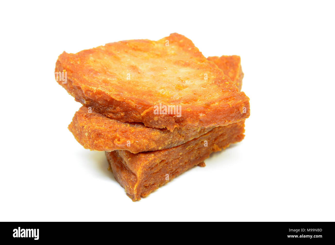 Pan fried slices of luncheon meat isolated on white background Stock ...