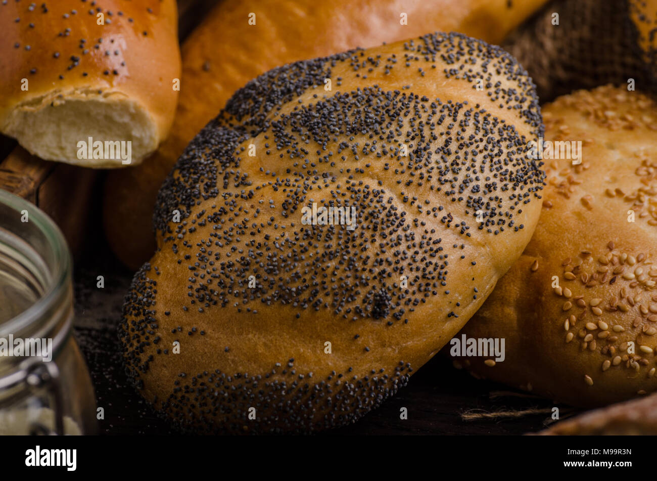 Homemade bread, product photo, selective focus, others pastries behind ...