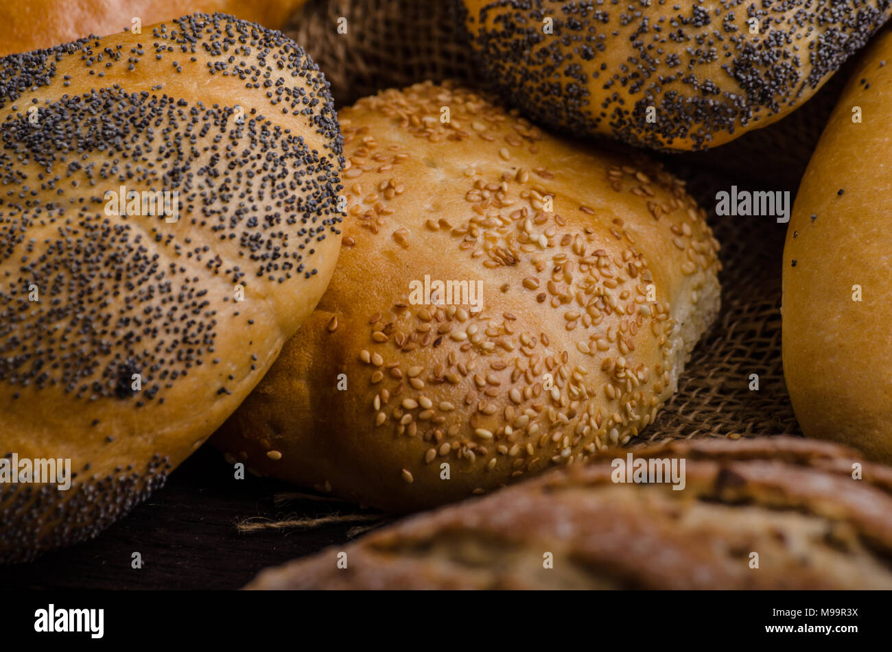 Homemade bread, product photo, selective focus, others pastries behind ...
