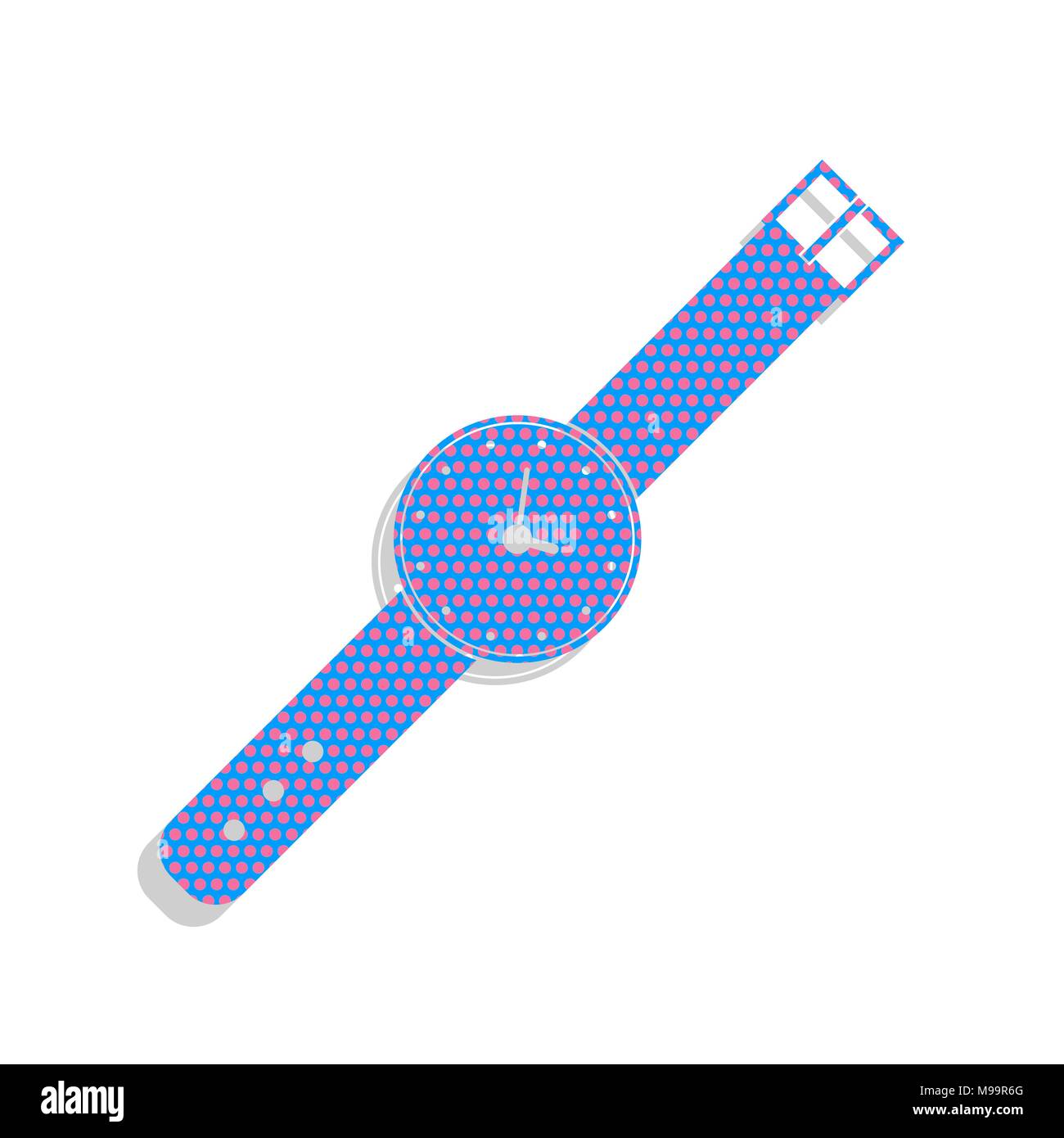 Watch sign illustration. Vector. Neon blue icon with cyclamen polka ...